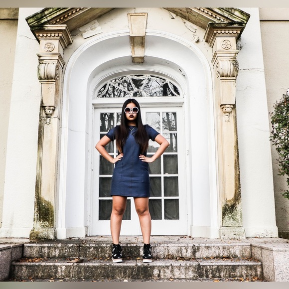 Edc | Dresses | Small Blue Dress Gold Stitching | Poshmark